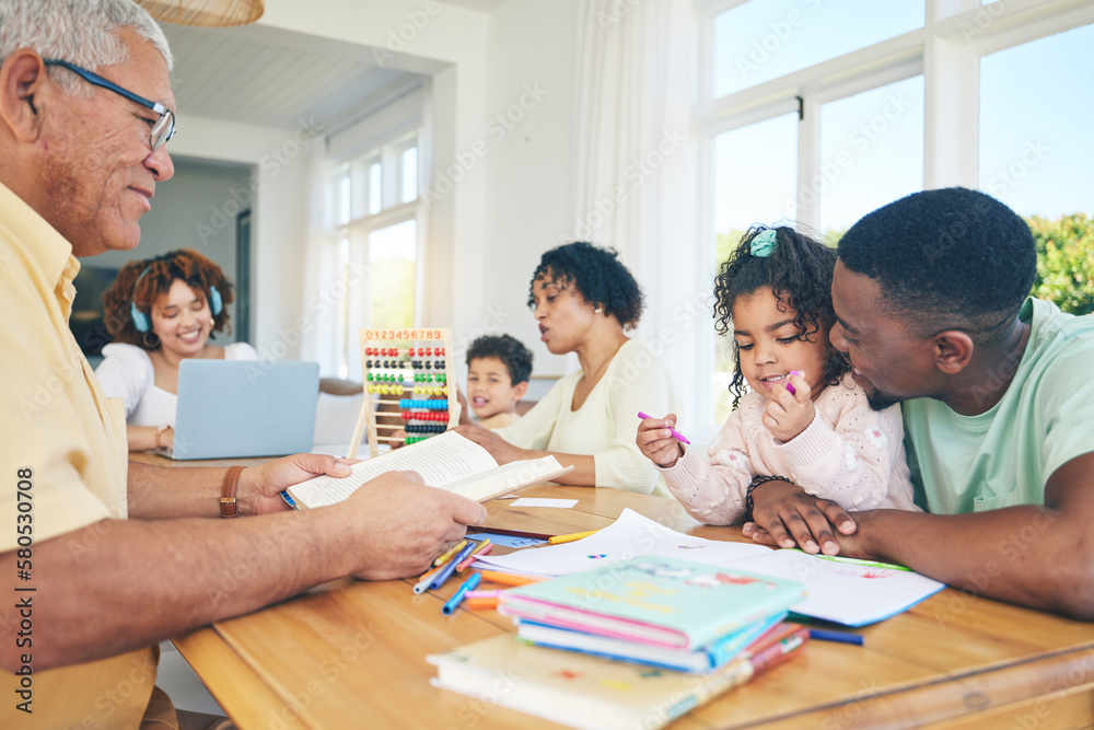 Big family, learning and education for children at a table with parents ...
