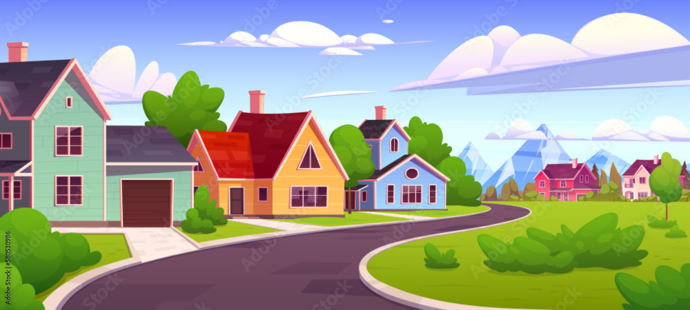 Suburban town street against mountain background. Vector cartoon ...