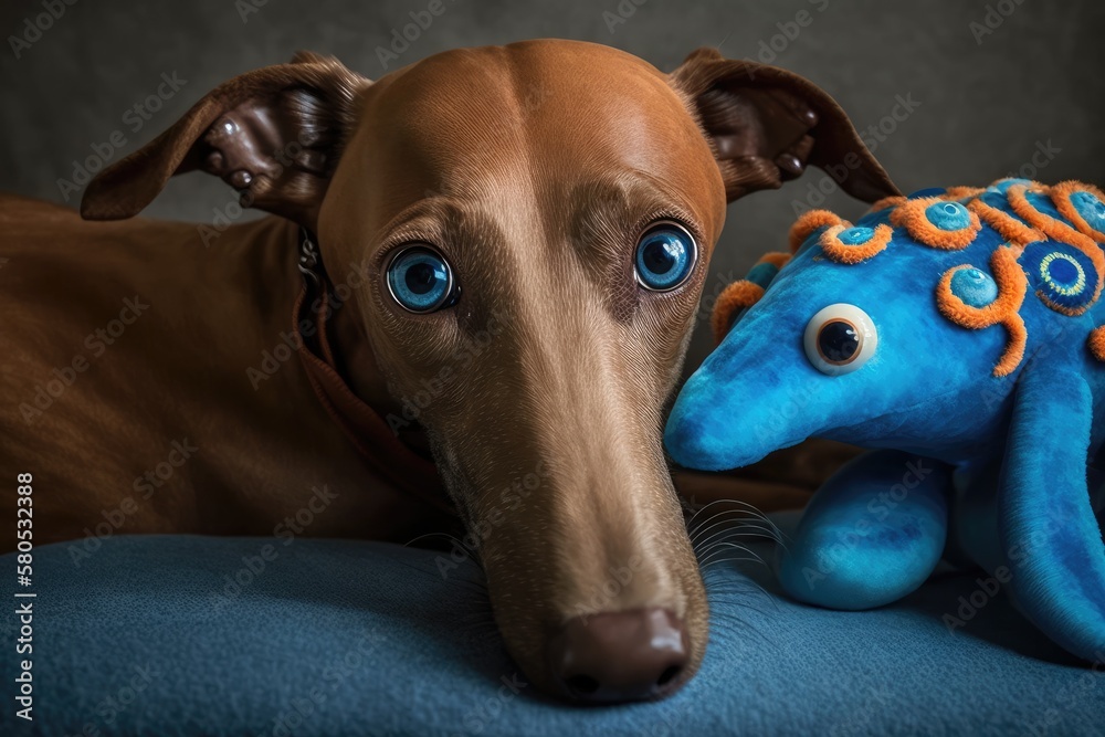 Podenko ibitsenko, ibisan greyhound, ibizan with a blue stuffed octopus ...