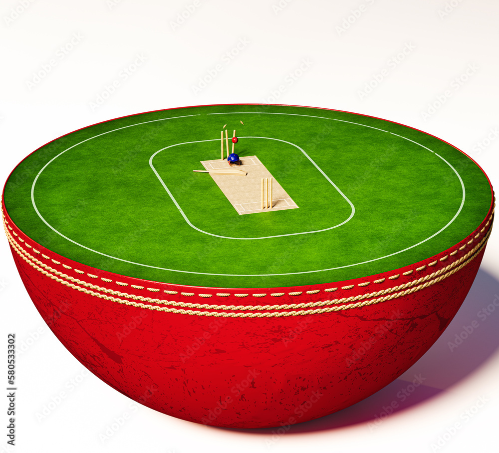3D Render Of Cricket Stadium with Playground, bat ball and stamps with ...