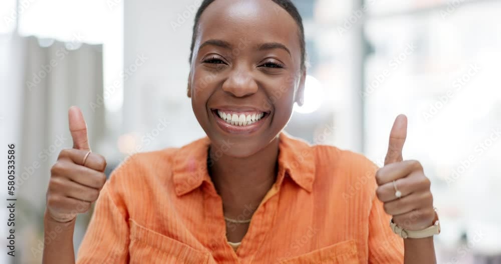 Black woman, face and thumbs up in office for success, winner or bonus ...