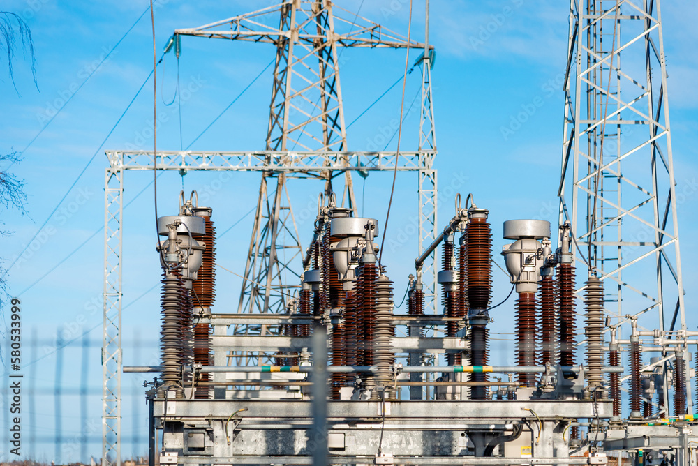High voltage circuit breaker in a power substation.Electric power ...