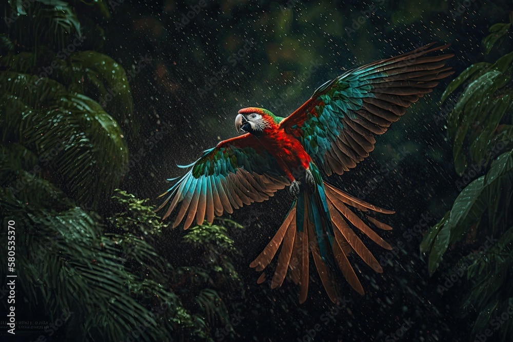 A red and blue macaw parrot flies through dark green plants as rain ...