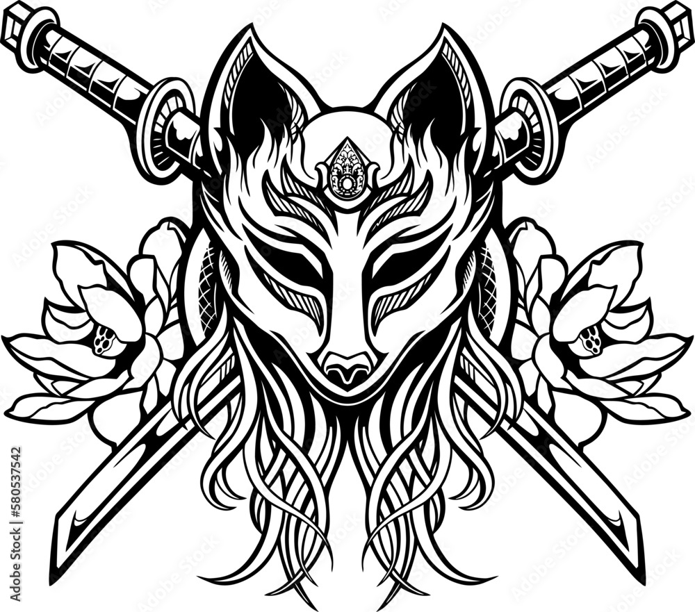 line art of yasuke with japanese samurai mask Stock Vector | Adobe Stock