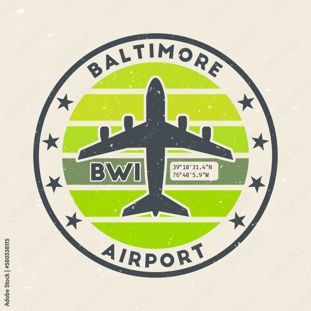 Baltimore airport insignia. Round badge with vintage stripes, airplane ...