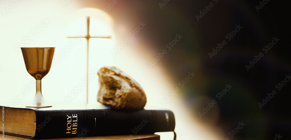 Holy Communion last supper bread and wine and bible book symbolizing ...