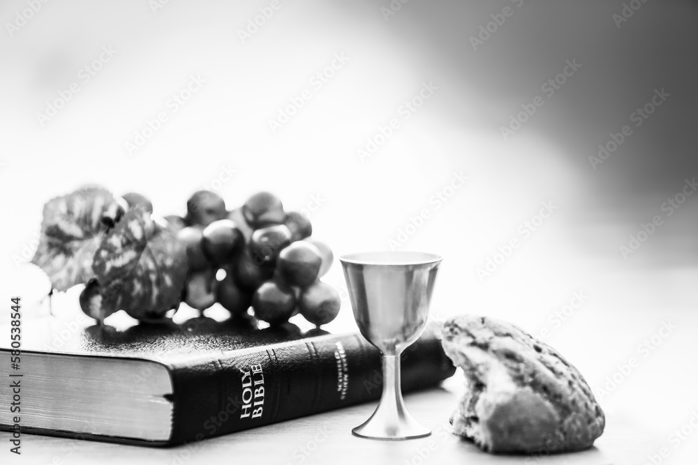 Holy Communion Last Supper bread, wine and grapes symbolizing the holy ...
