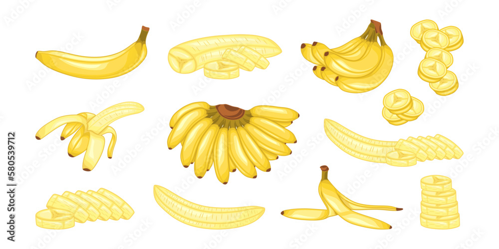 Banana set vector illustration. Cartoon bunch of tropical fruit, yellow ...
