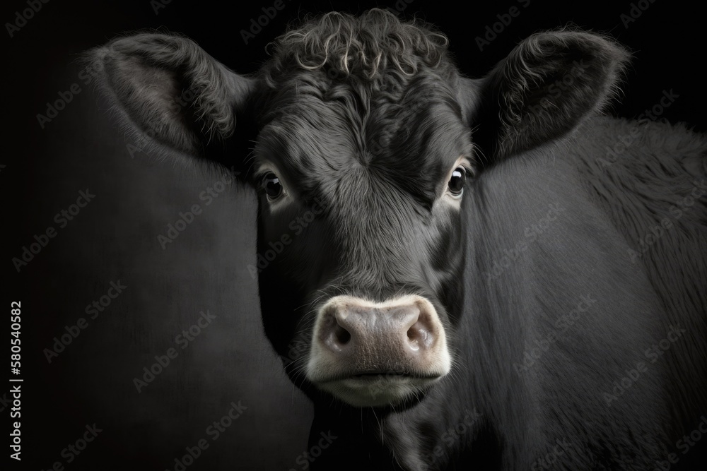 A close up picture of a black cow looking at the camera, in the center ...