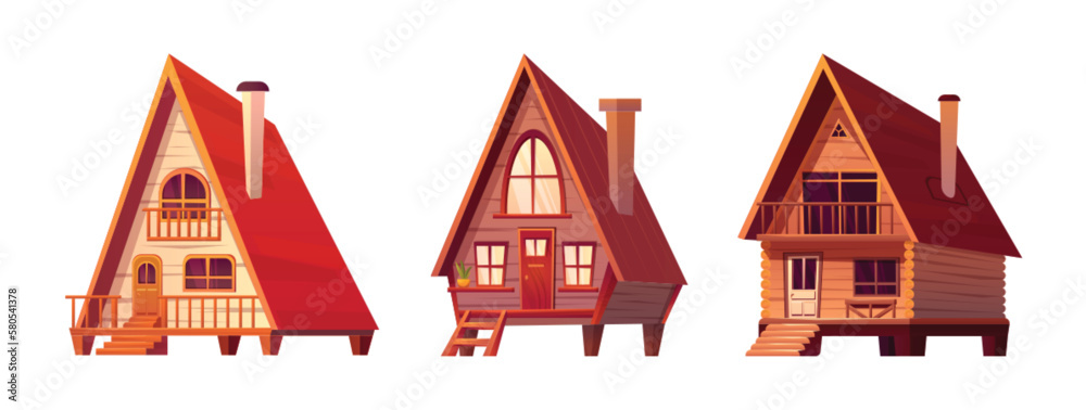 Cabins, wooden houses in forest, mountain village or camp. Small log ...