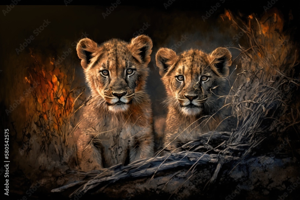 Africa was on fire. Two baby lion cubs in Africa. Botswana wildlife ...