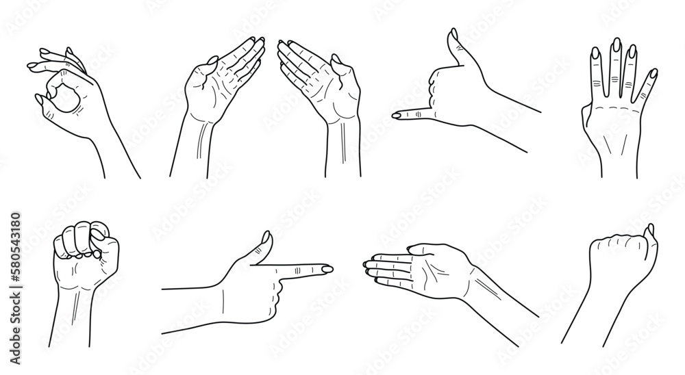 Set of female hands and gestures icons, logos, emblems, signs in a ...