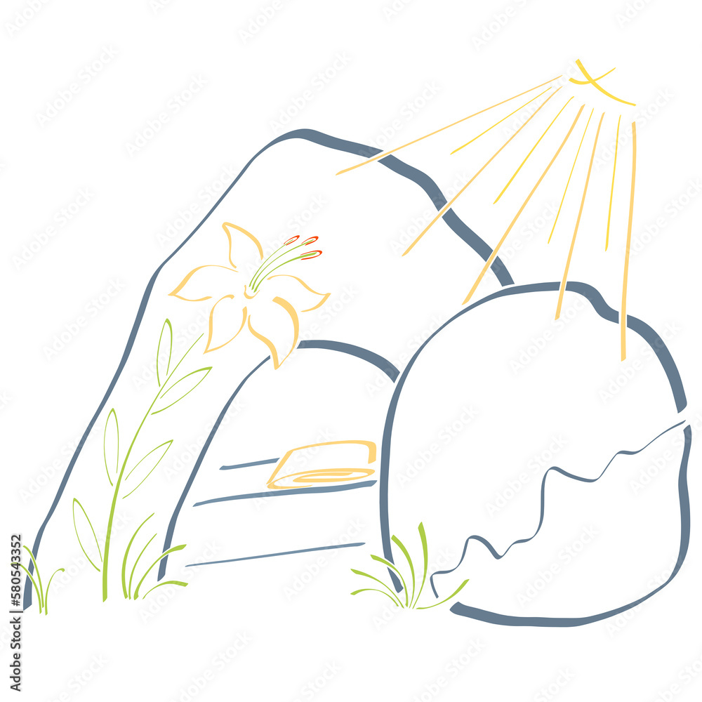 rolled shroud in an open tomb, light from heaven and a blooming lily ...