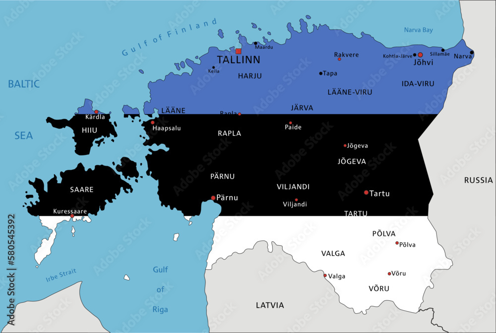Poster Estonia highly detailed political map with national flag ...