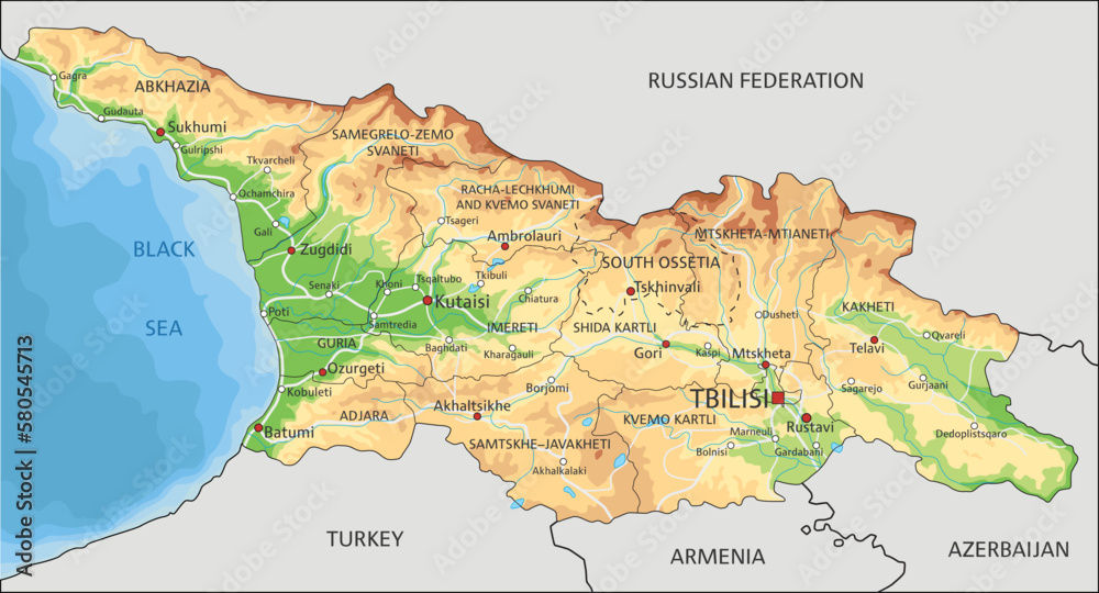 Highly detailed Georgia physical map with labeling. Stock Vector ...