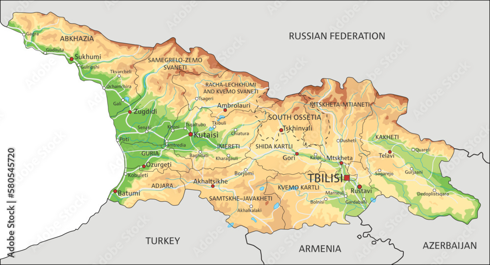 Highly detailed Georgia physical map with labeling. Stock Vector ...
