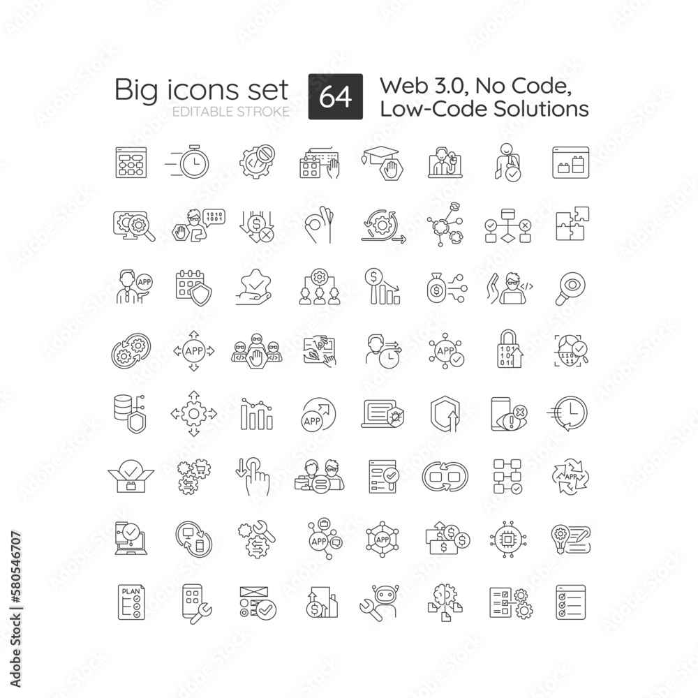 Low-code solutions linear icons set. No code tools. Web 3.0 ...