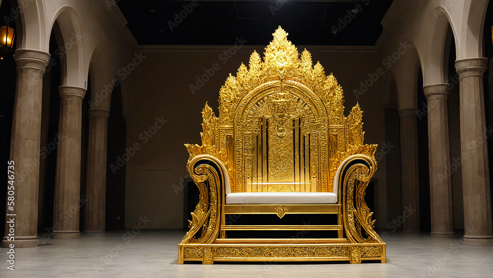 empty royal throne made of decorative gold in gray room with pillars ...