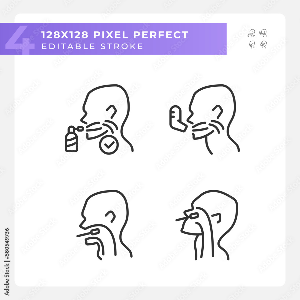 Throat examination and inhalation pixel perfect linear icons set ...