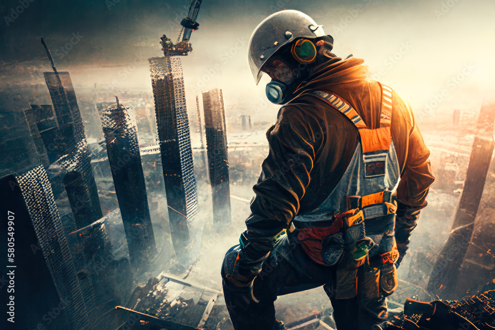 welder on skyscraper construction site while working at height. Ai ...
