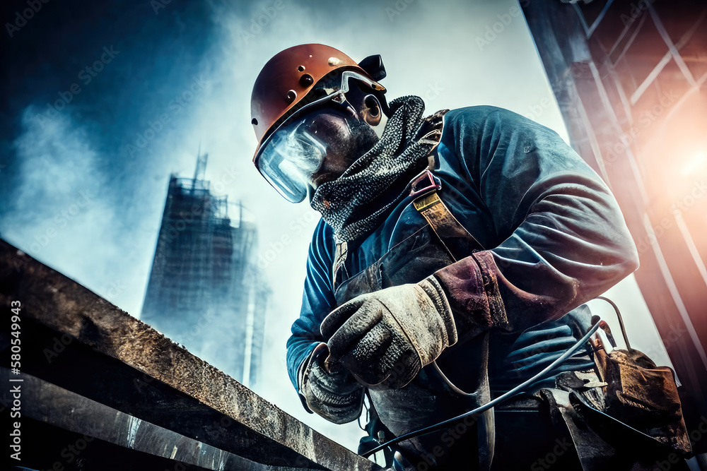 welder on skyscraper construction site while working at height. Ai ...
