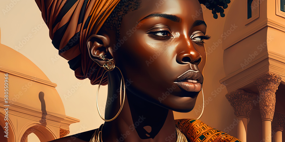 An attractive African model poses in national African clothes with an ...