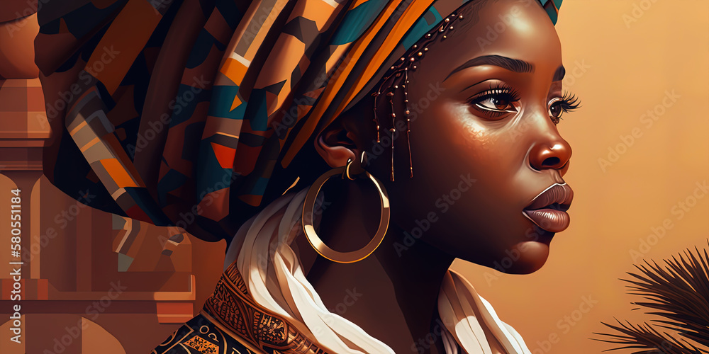 An attractive African model poses in national African clothes with an ...