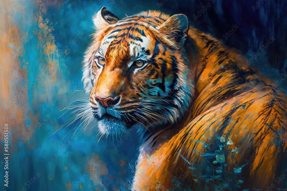 The painting is of a tiger. Original oil painting. The tiger is bright ...