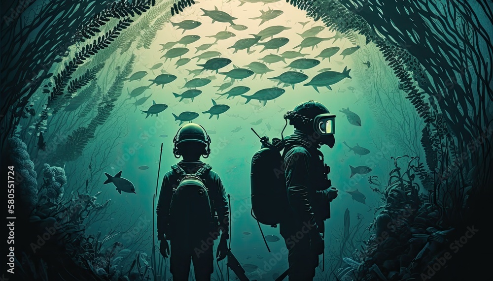 Two scuba divers silhouette underwater swimming in turquoise water ...