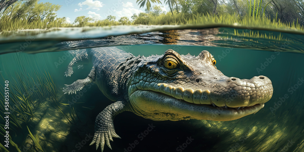 GoPro selfie of an alligator swimming upstream in a shallow fast moving ...