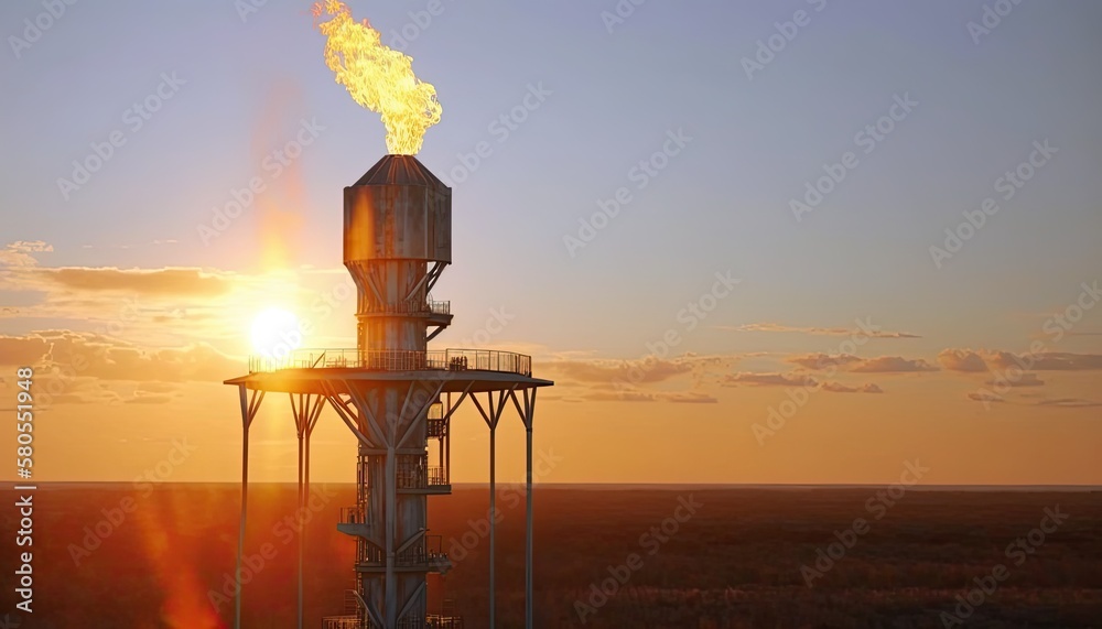 Aerial view to gas flare stack of petroleum refineries sunset ...