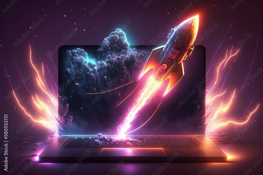 Illustration of rocket taking off from laptop, background with ...