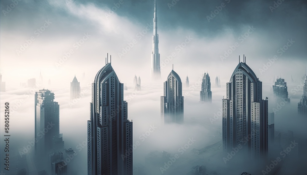 Aerial view to high rise skyscrapers building shrouded in thick mist ...