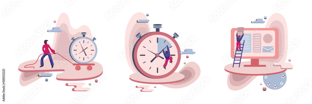 Time planning, making progress and hard work flat vector graphic. Boy ...