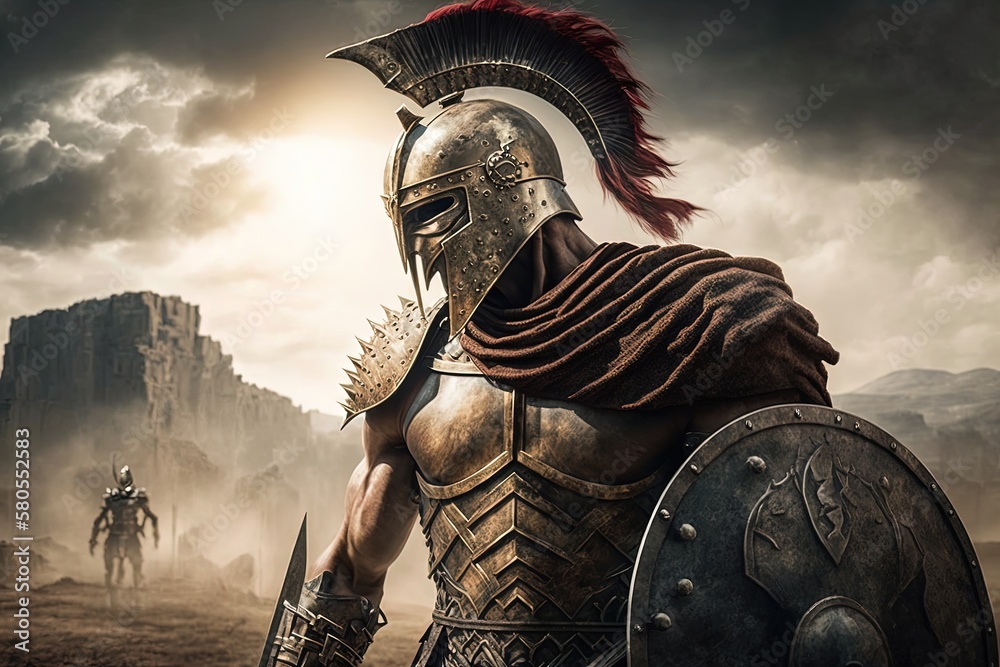 Landscape with spartan warrior in armor, battlefield in background ...