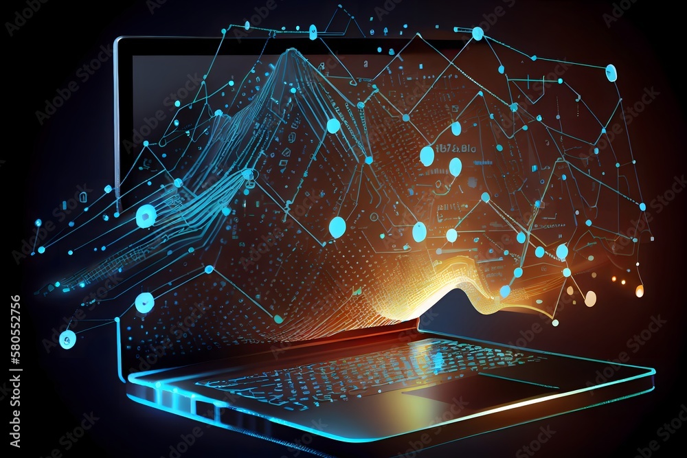 Big data technology background. Using a laptop against the background ...