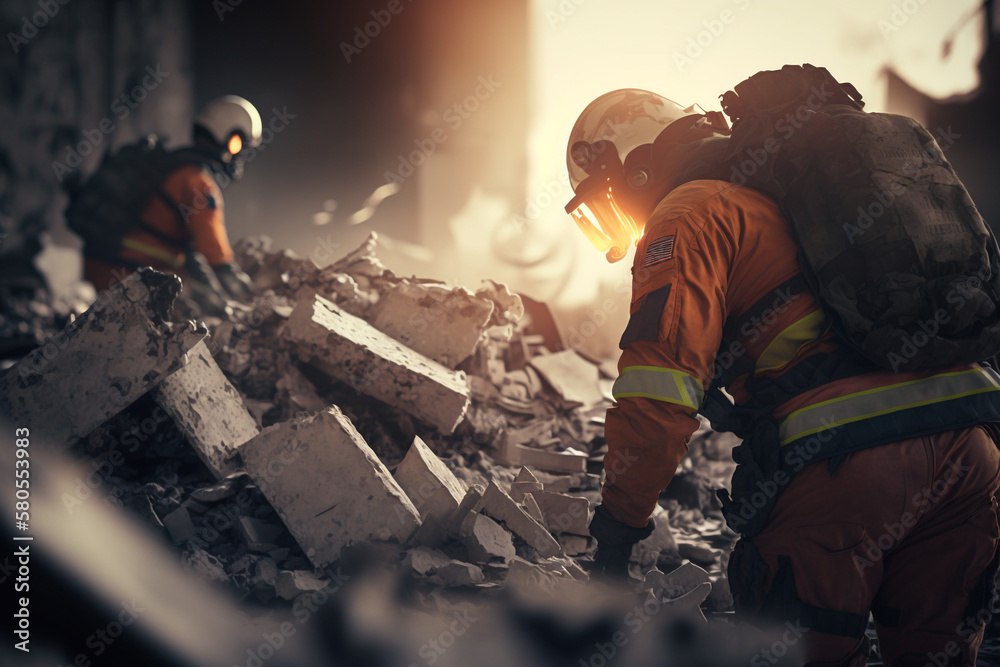 Rescuers in uniform and helmets dismantle the rubble of houses after ...