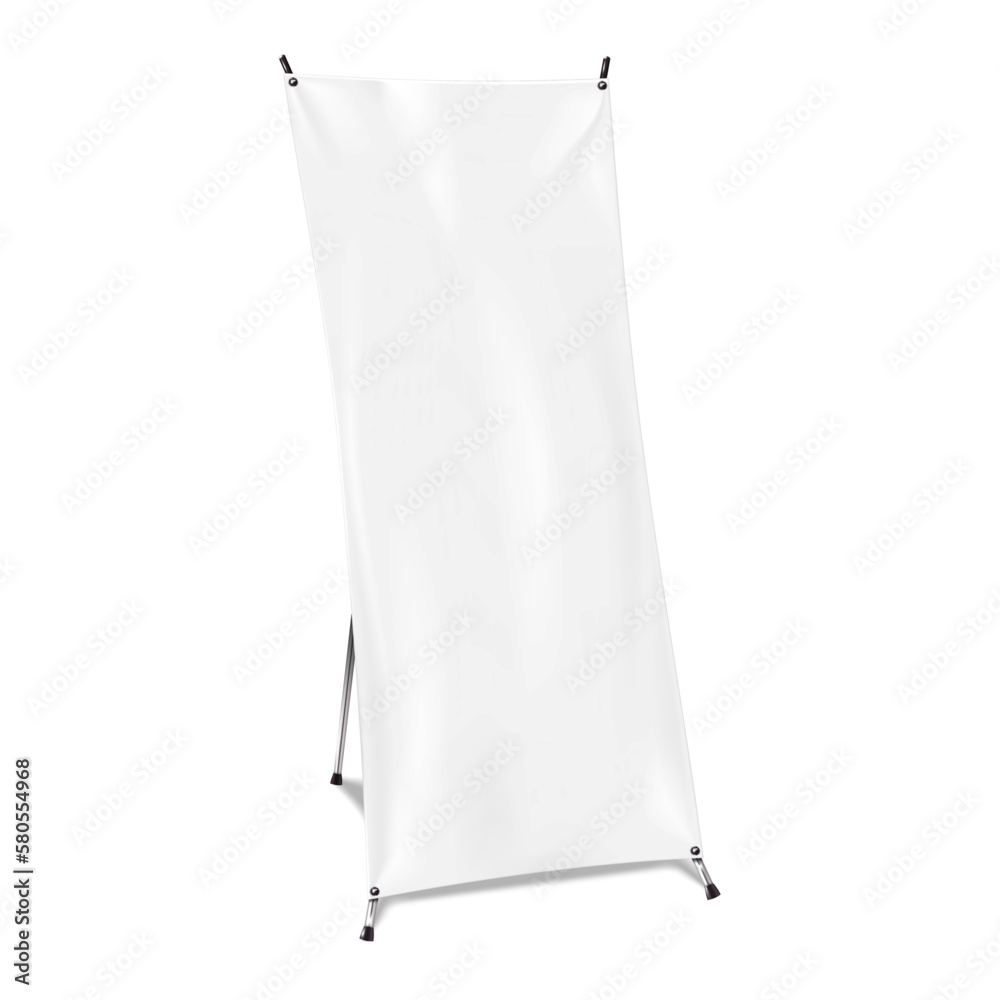 X-banner stand vector mockup. Blank white collapsible advertising sign ...