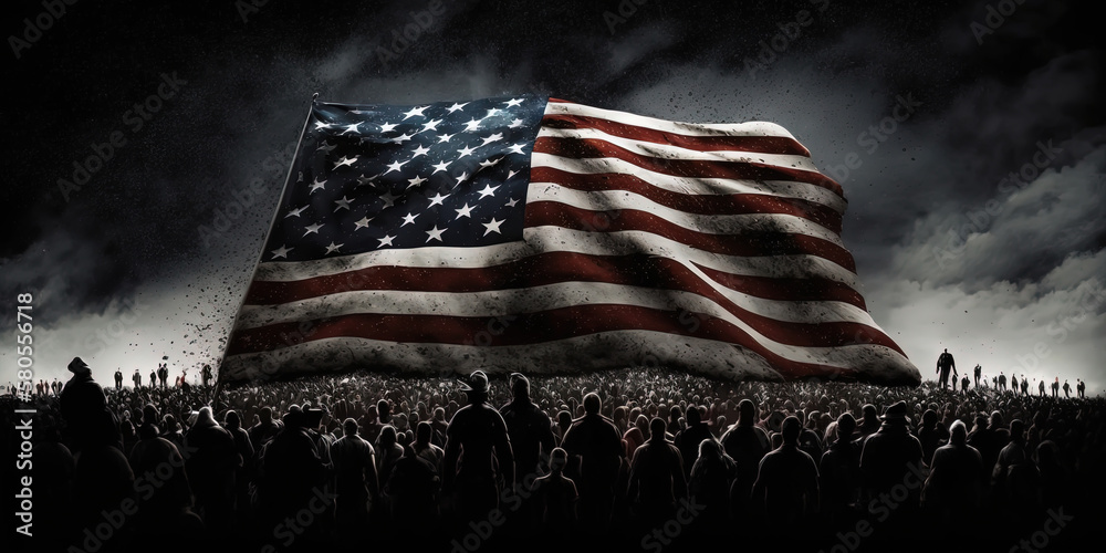 thousands of people cheering, an American flag in the sky, grim, dark ...