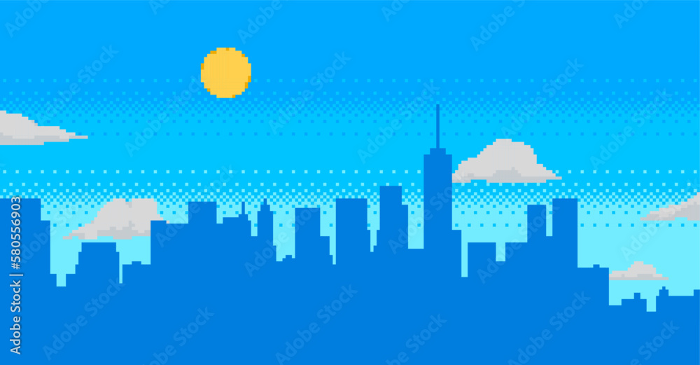 Day time cityscape pixel background. Hight buildings silhouette and ...