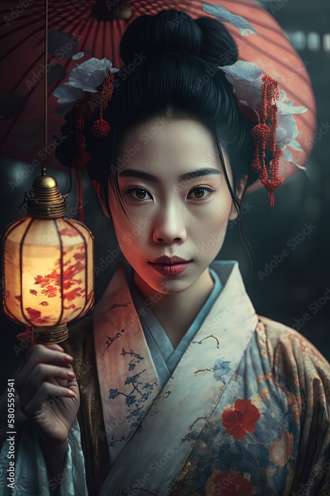 closeup of a young Chinese woman dressed as a geisha celebrating the ...