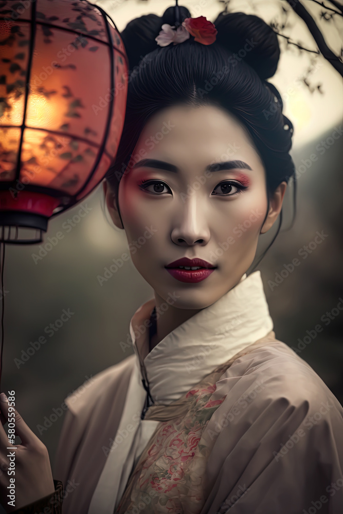 closeup of a young Chinese woman dressed as a geisha celebrating the ...