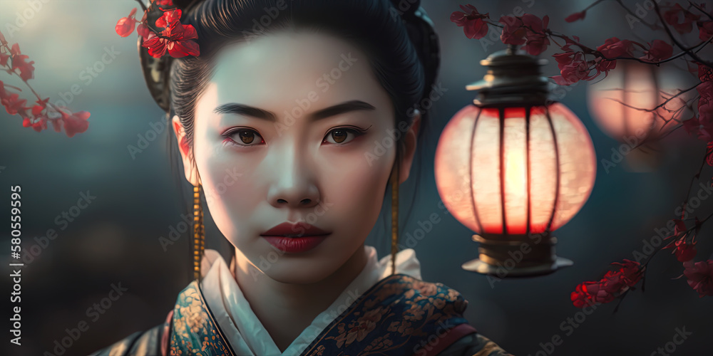 closeup of a young Chinese woman dressed as a geisha celebrating the ...