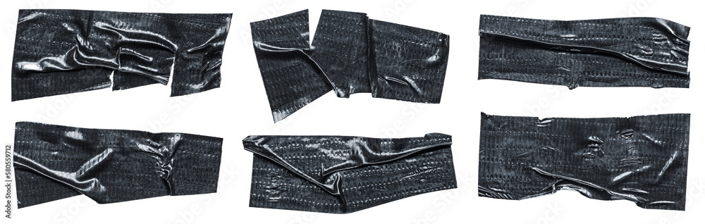 Set of isolated cut out torn adhesive black tape strips or labels with ...