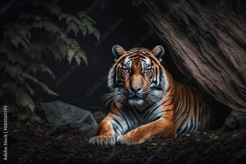 A beautiful dark background and a Malayan tiger (Panthera tigris tigris ...