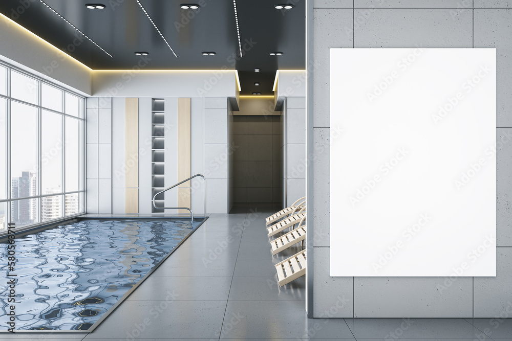 Modern luxury gym interior with swimming pool, empty white mock up ...