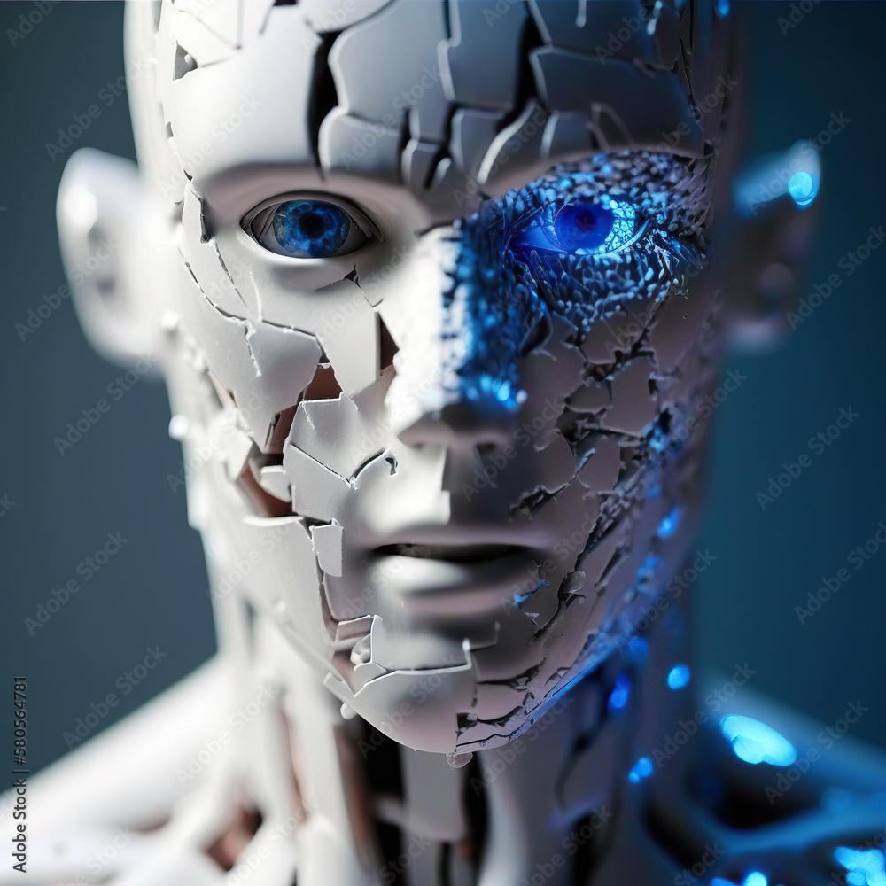 Porcelain white humanoid cyborg with blue glowing eyes. Android. AI ...