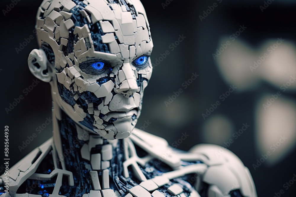 Porcelain white humanoid cyborg with blue glowing eyes. Android. AI ...