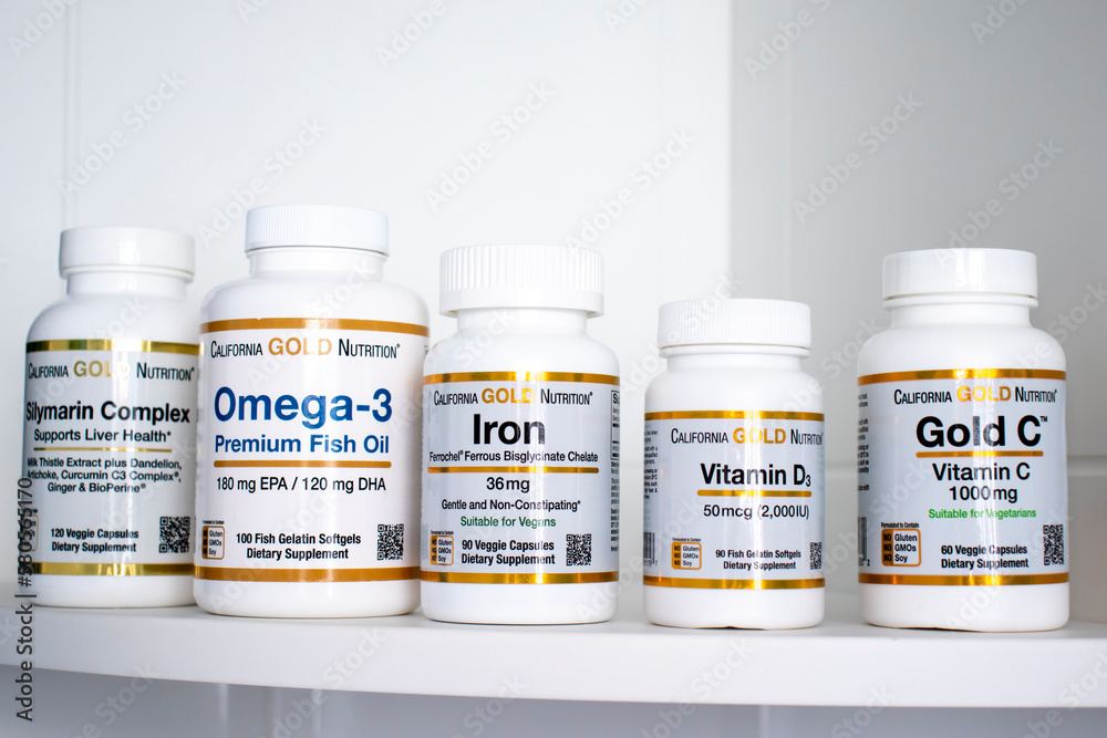 IRPEN, UKRAINE, JUNE 12 20222, Bottle of vitamin D3, Vitamin C, Iron ...
