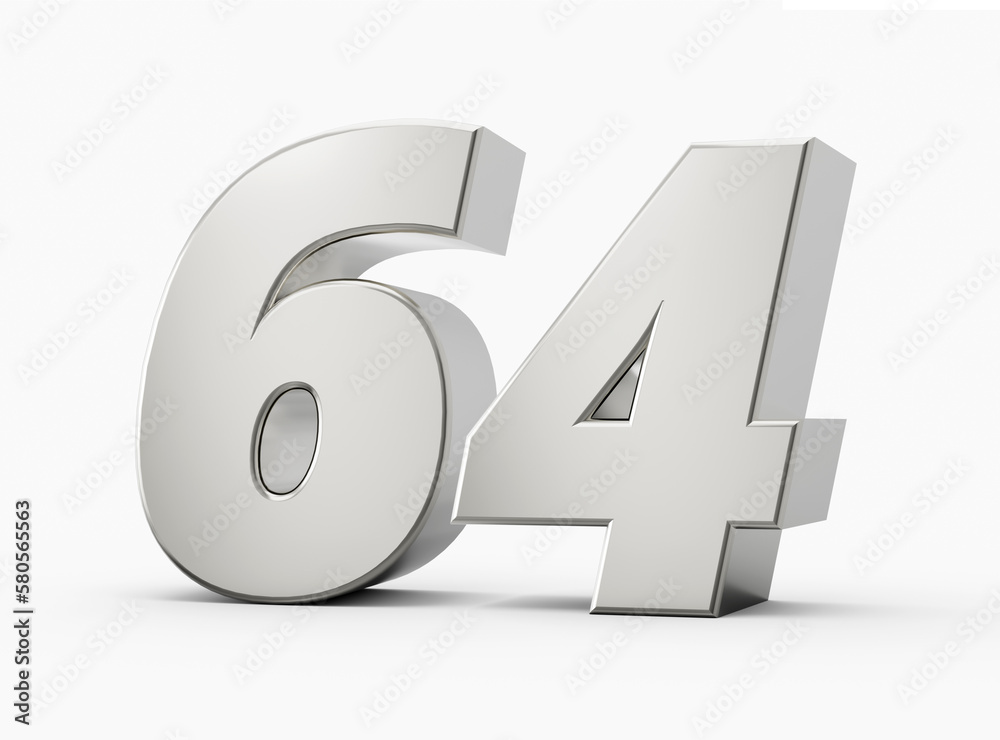 Silver 3d numbers 64 Sixty four. Isolated white background 3d ...